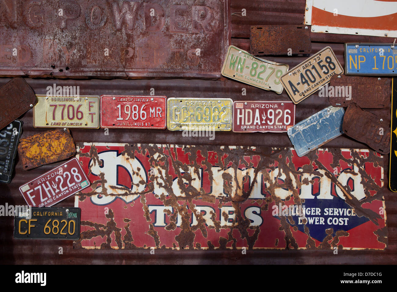 Some rusty signs and car plates at route 66 in Hackberry, Arizona, USA ...