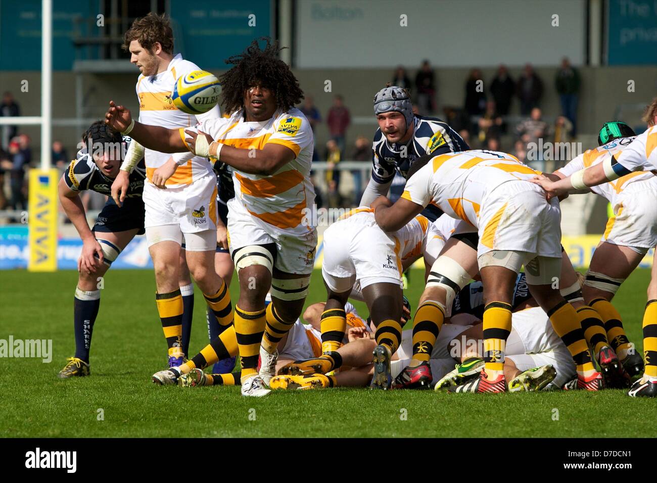 Salford, UK. 4th May 2013. London Wasps flanker Ashley Johnson during ...