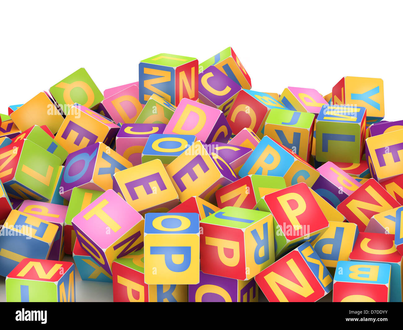 Many abc education cube scattered on pile in white background Stock ...