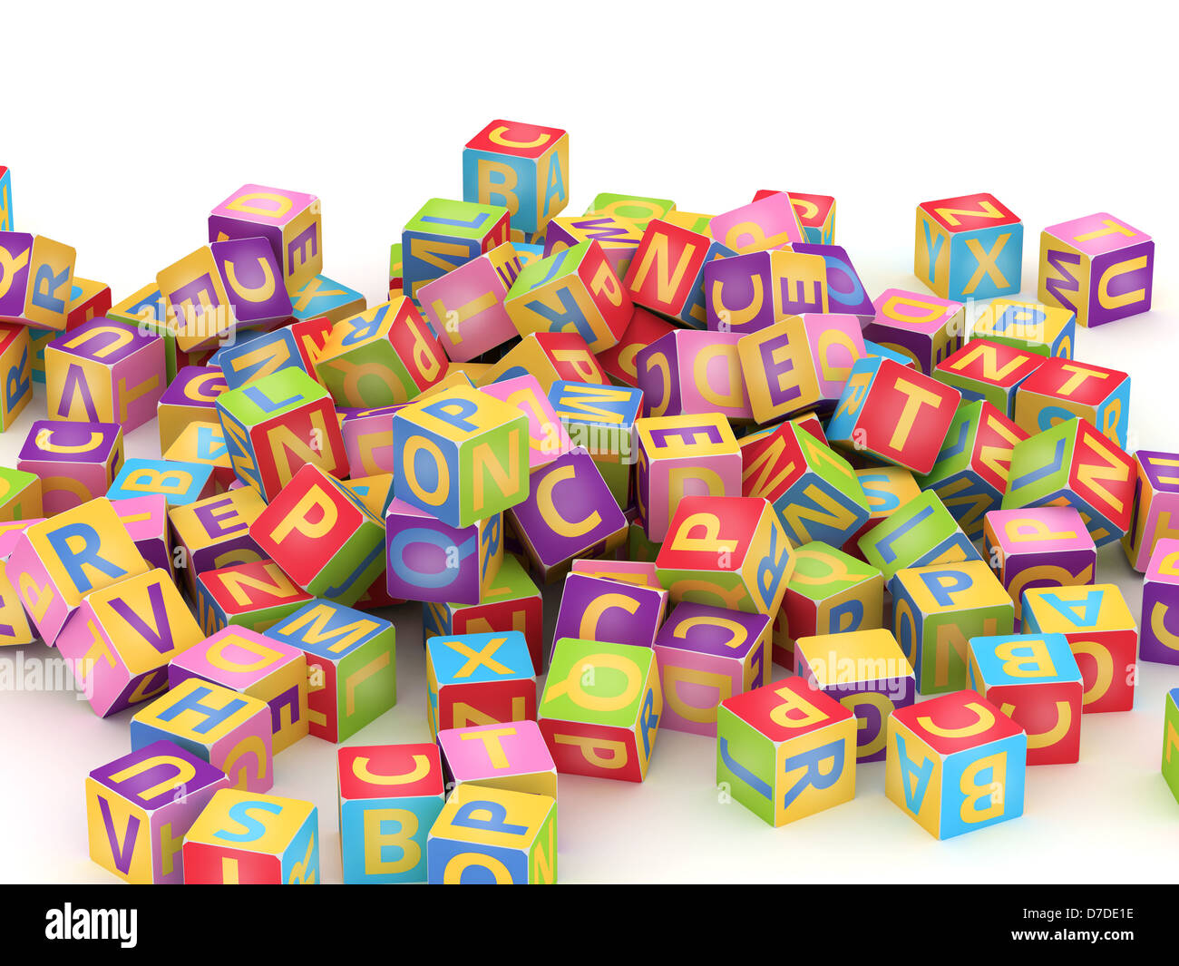 Many abc education cube scattered on pile in white background Stock ...