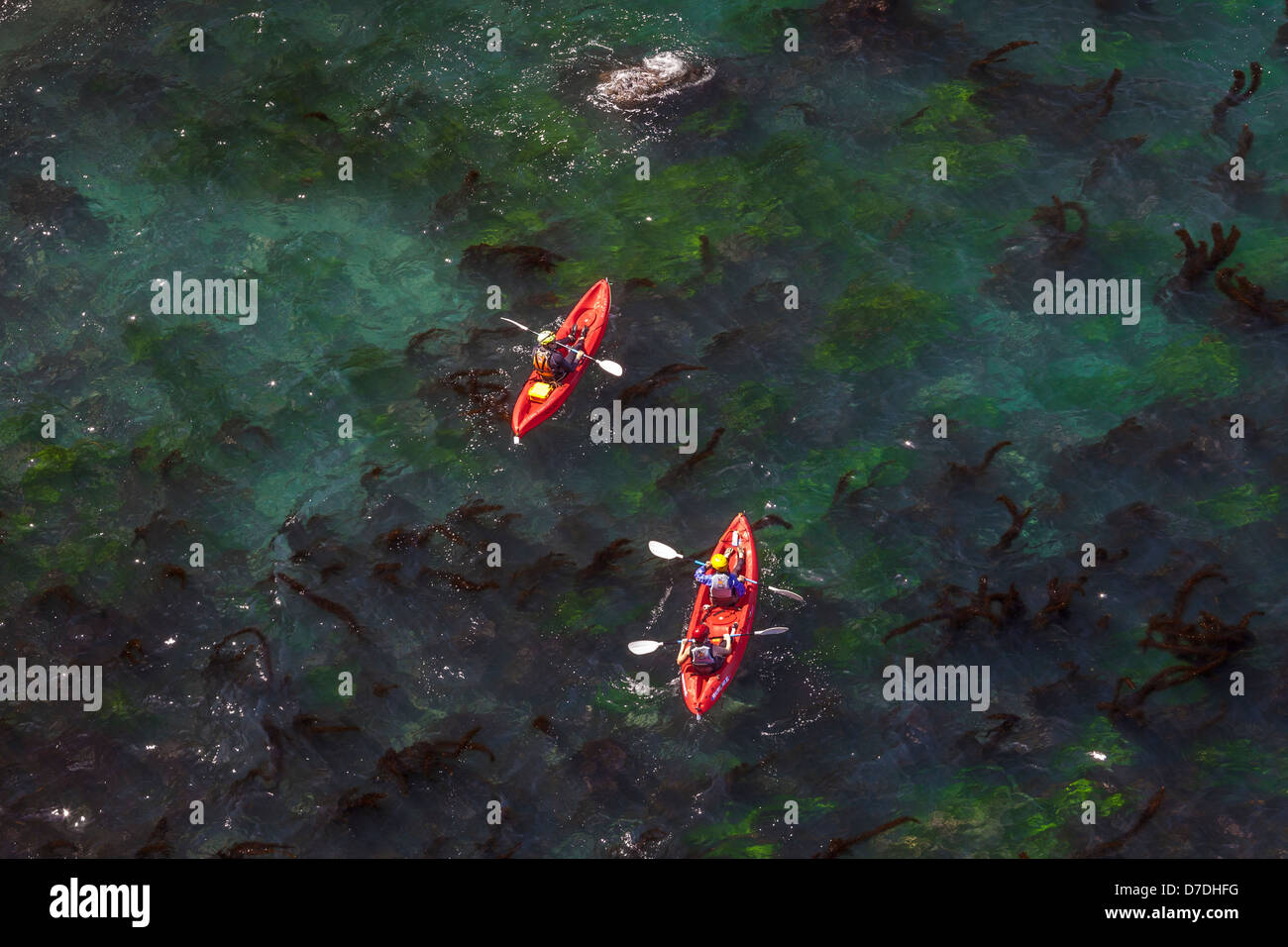 Sea kayakers in Cathedral Cove viewed from a high point on East Anacapa ...