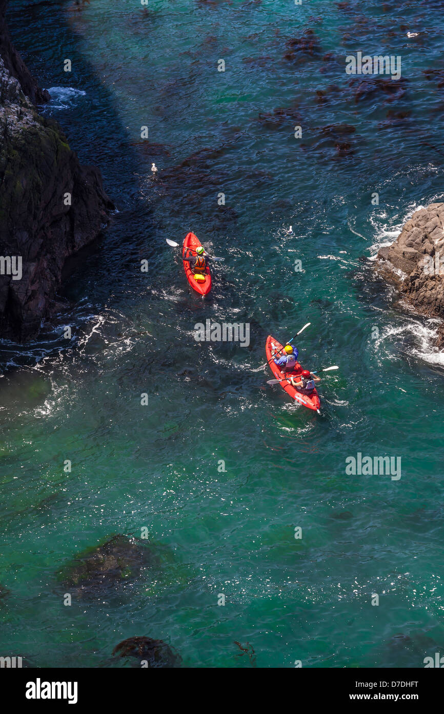 Sea kayakers in Cathedral Cove viewed from a high point on East Anacapa ...