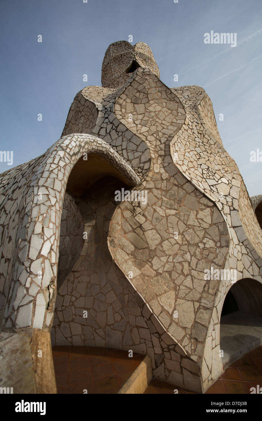 Rooftop chimneys of Gaudi's La Pedrera - Barcelona, Spain Stock Photo ...