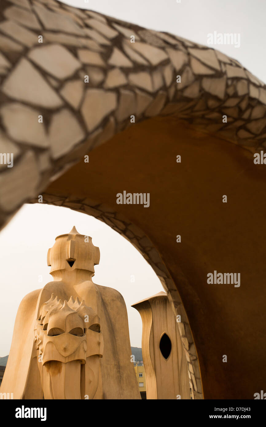Rooftop chimneys of Gaudi's La Pedrera - Barcelona, Spain Stock Photo ...