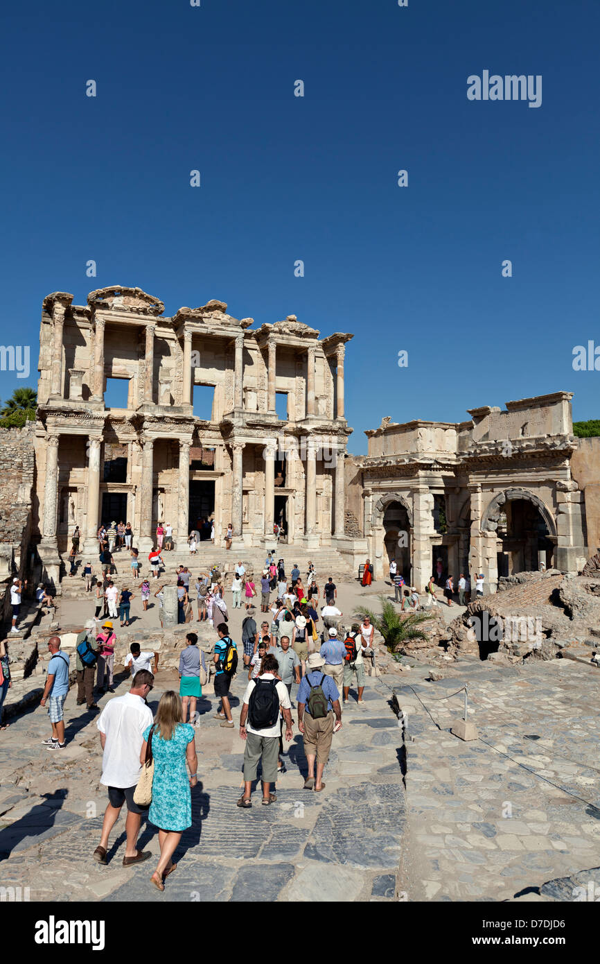 People visit the library of Celsus in Ephesus, Izmir, Turkey Stock ...