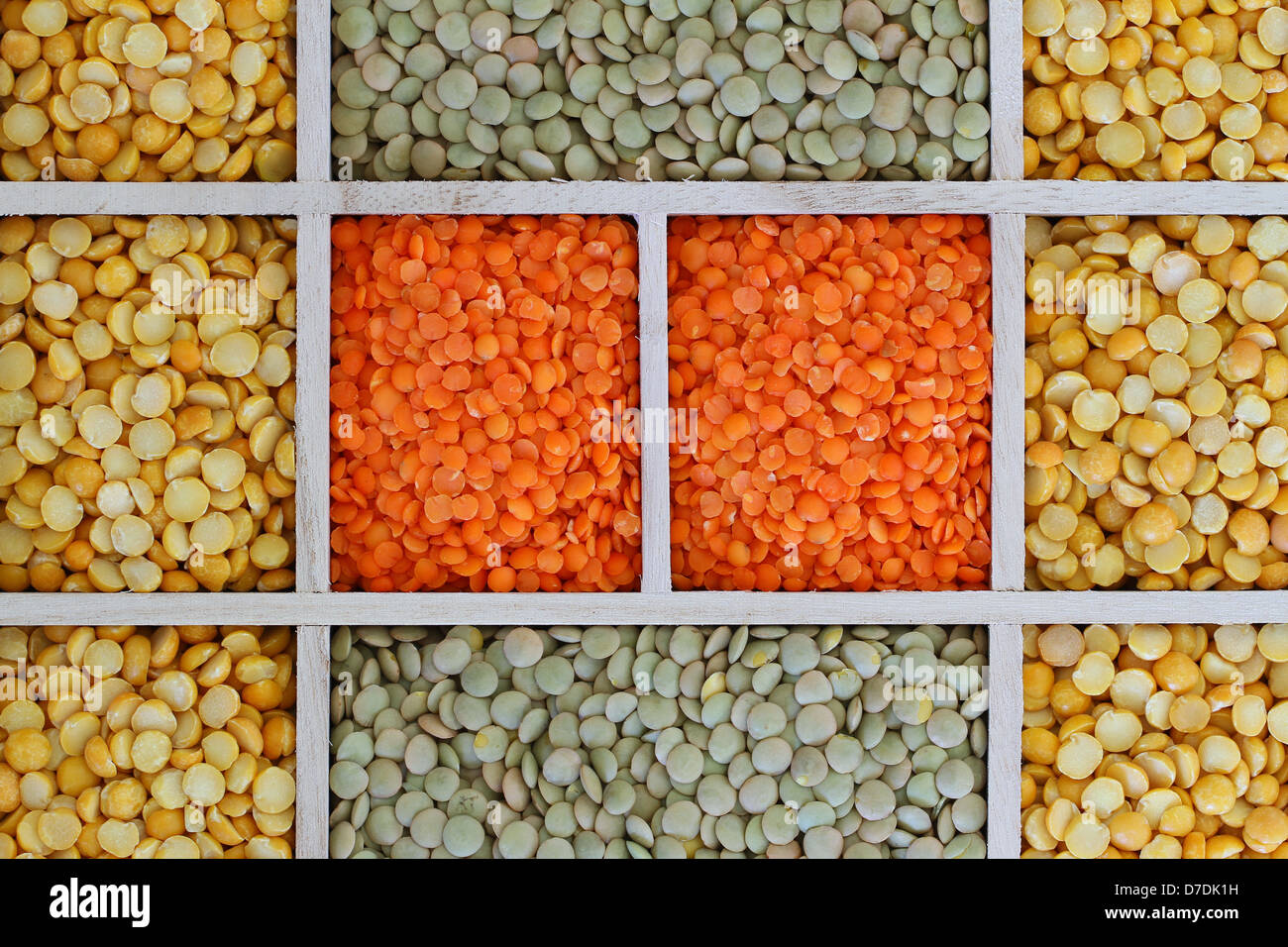 Selection of lentils in wooden compartments Stock Photo - Alamy