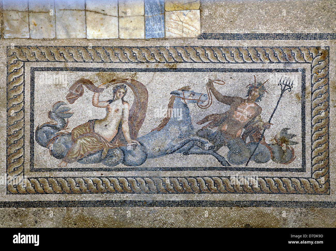 Mosaic (Poseidon abducting Amphitrite with sea horse Hippokampos) in ...
