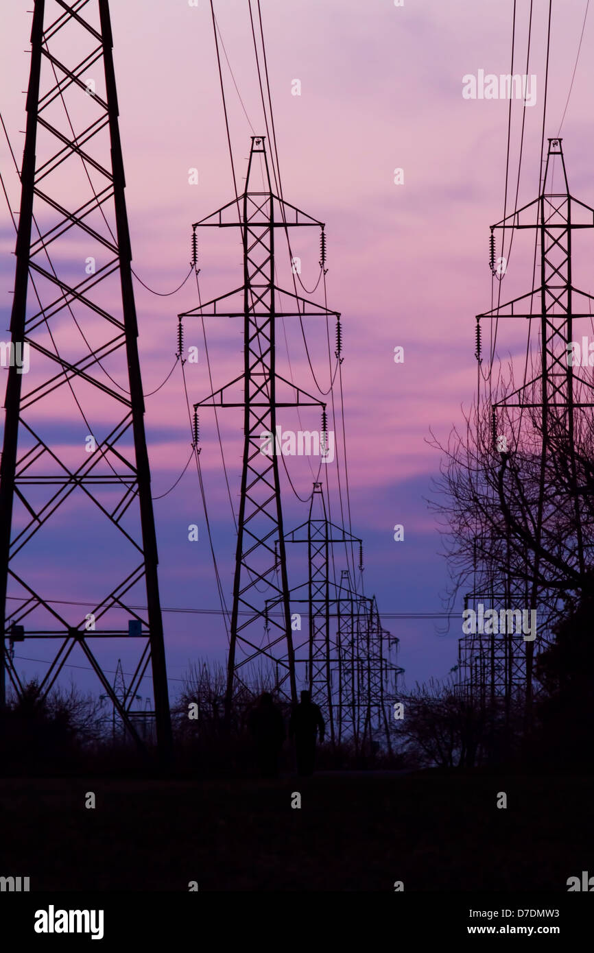 Electricity pylons in the sunset Stock Photo - Alamy