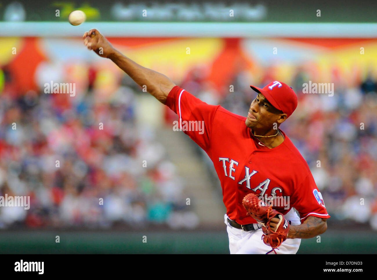 Arlington, Texas, USA. 4th May, 2013. Texas Rangers starting pitcher ...