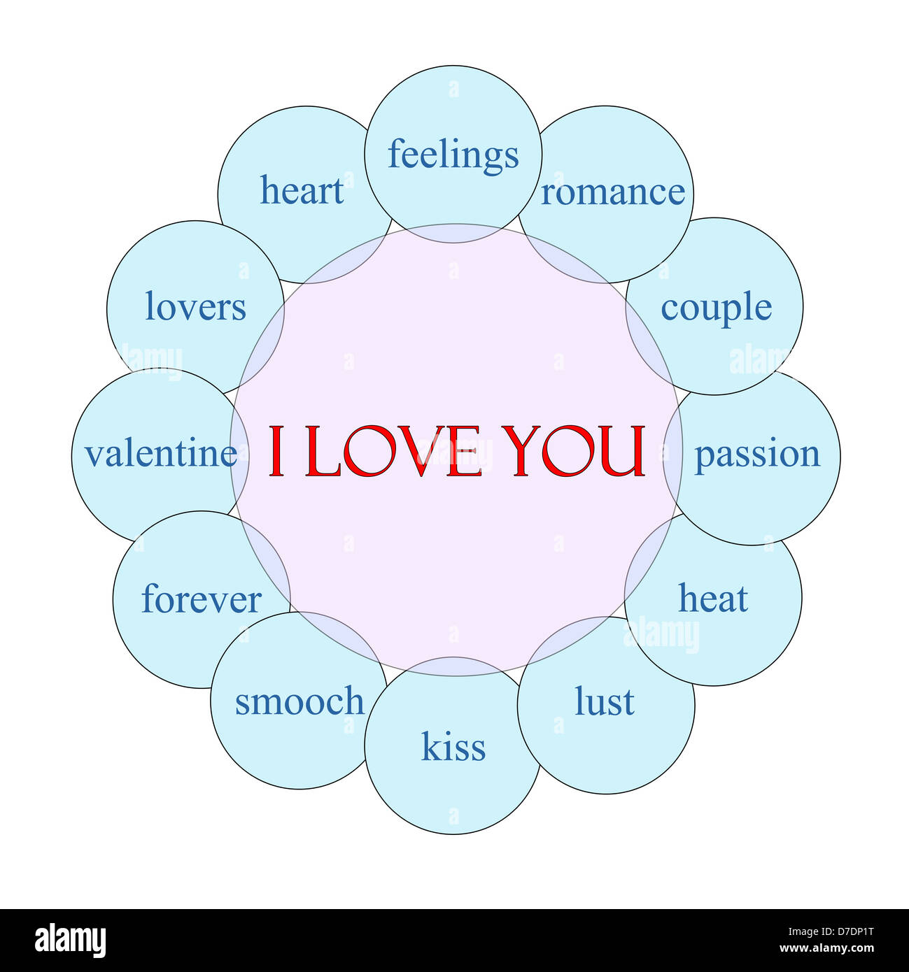 I Love You concept circular diagram in pink and blue with great terms ...