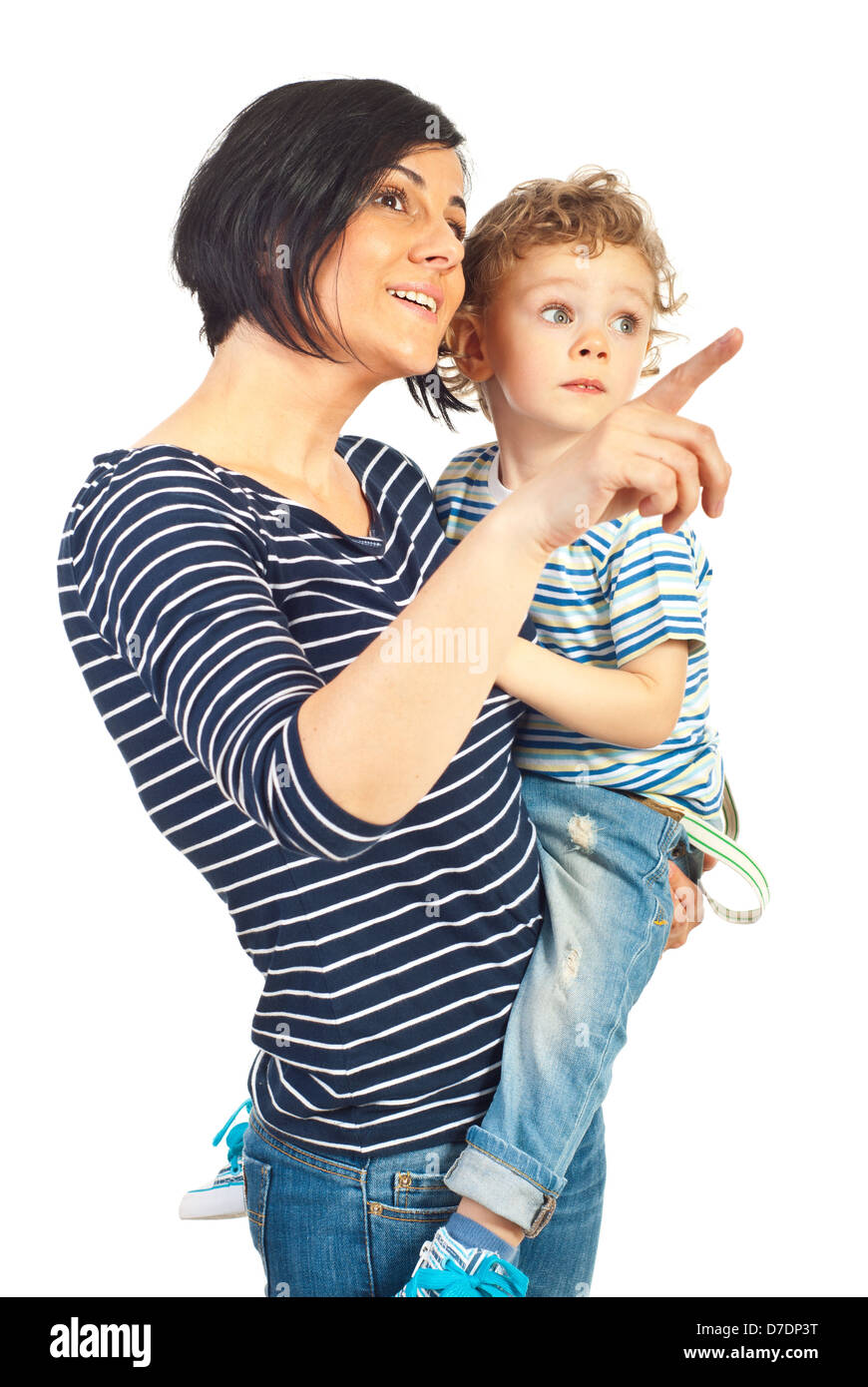 Happy mother and child pointing and looking away isolated on white ...