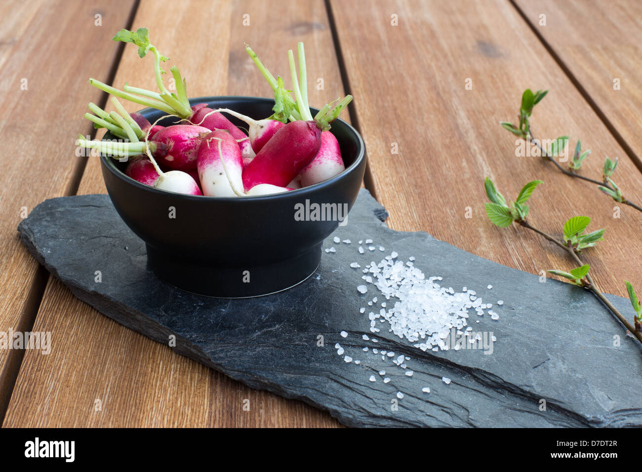 Radish in black bowl on stone slate with coarse salt Stock Photo - Alamy
