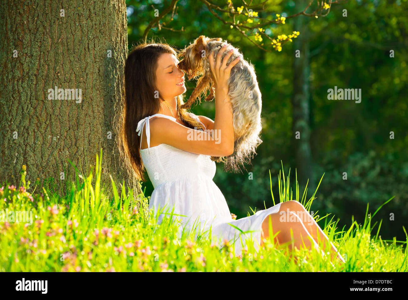 Cute woman with dog in beauty nature scenery Stock Photo - Alamy