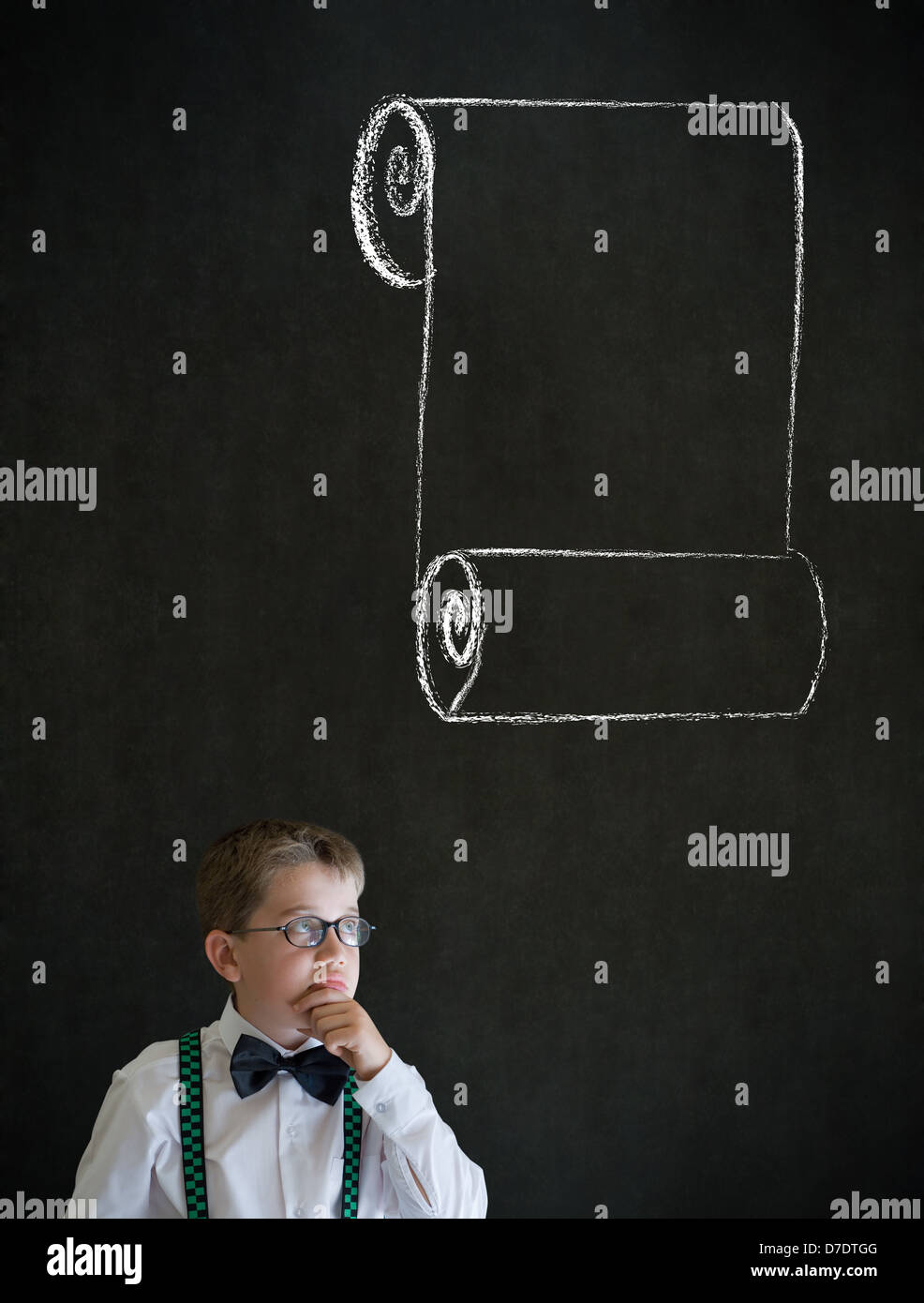 Thinking boy dressed up as business man with menu scroll checklist on ...