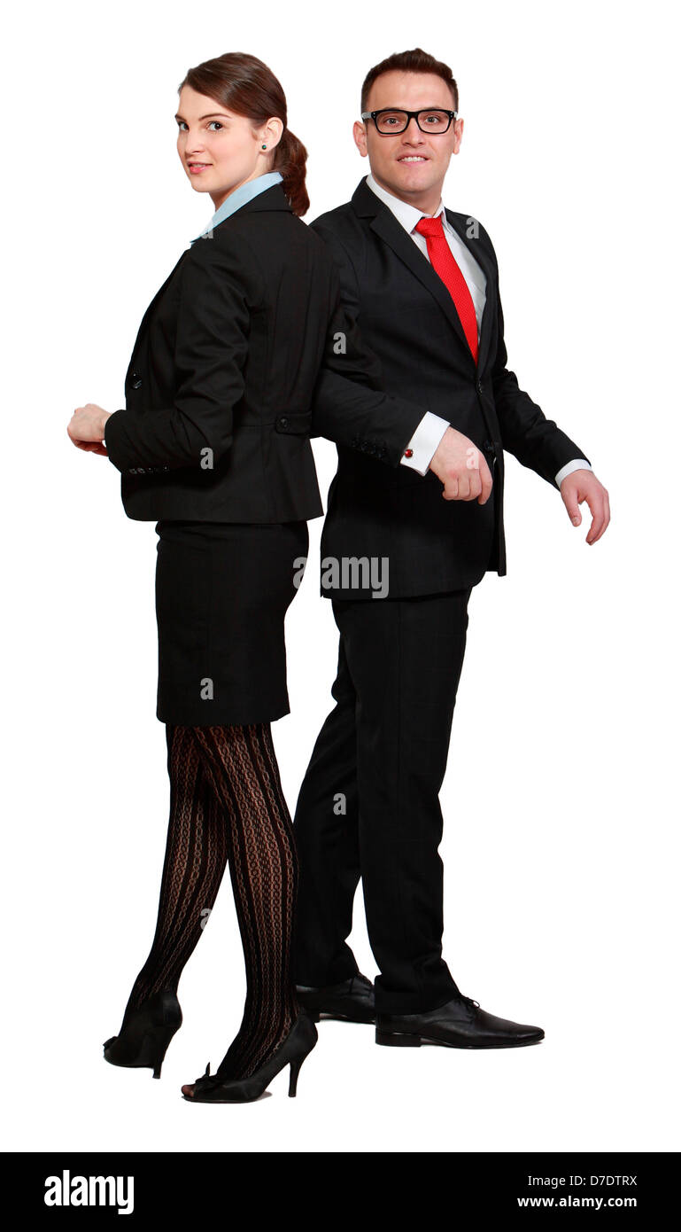 Business couple arm in arm spinning, isolated against a white ...