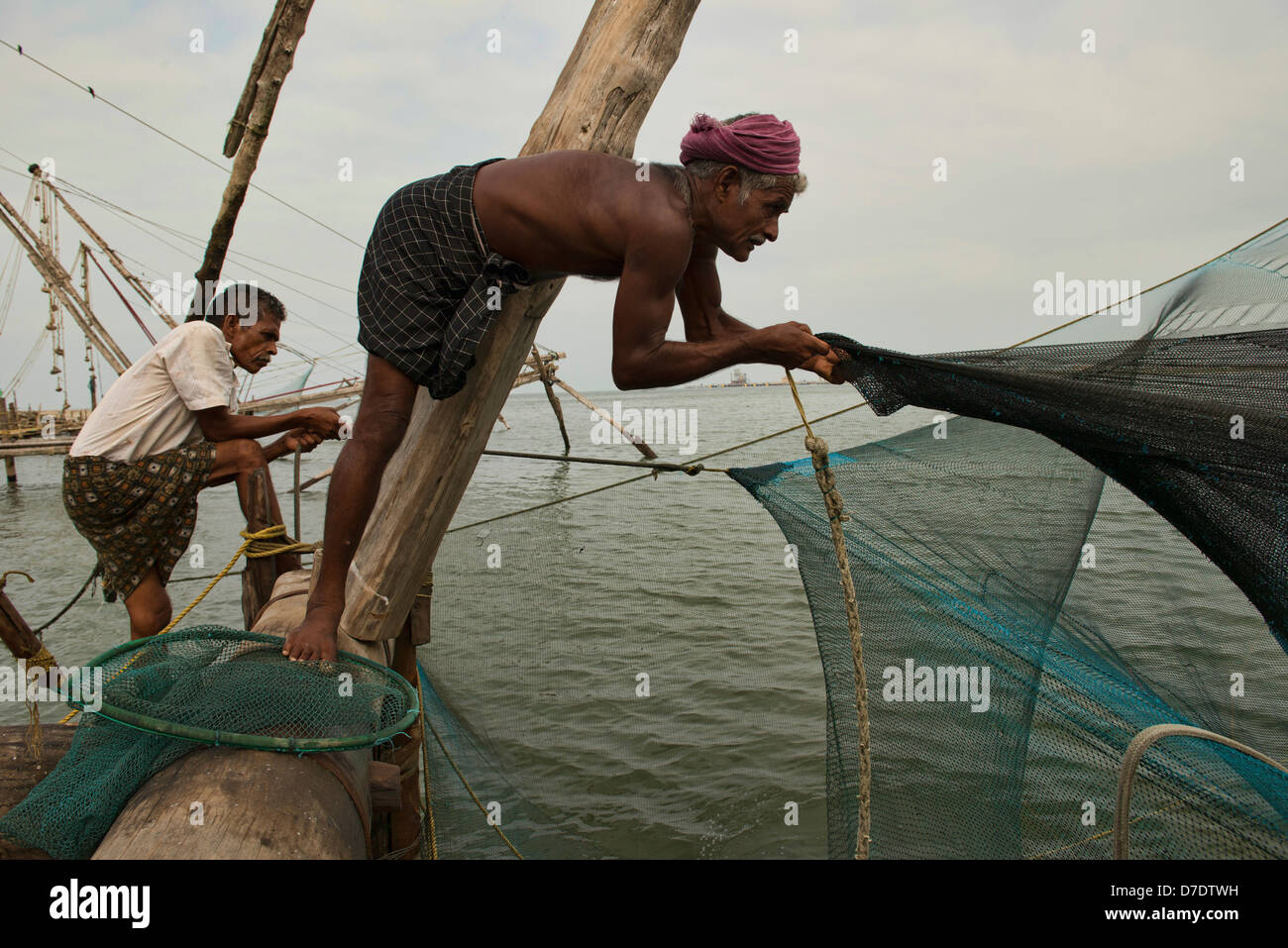 Fisherman working the Chinese fish nets in Fort Cochin (Kochi) in ...