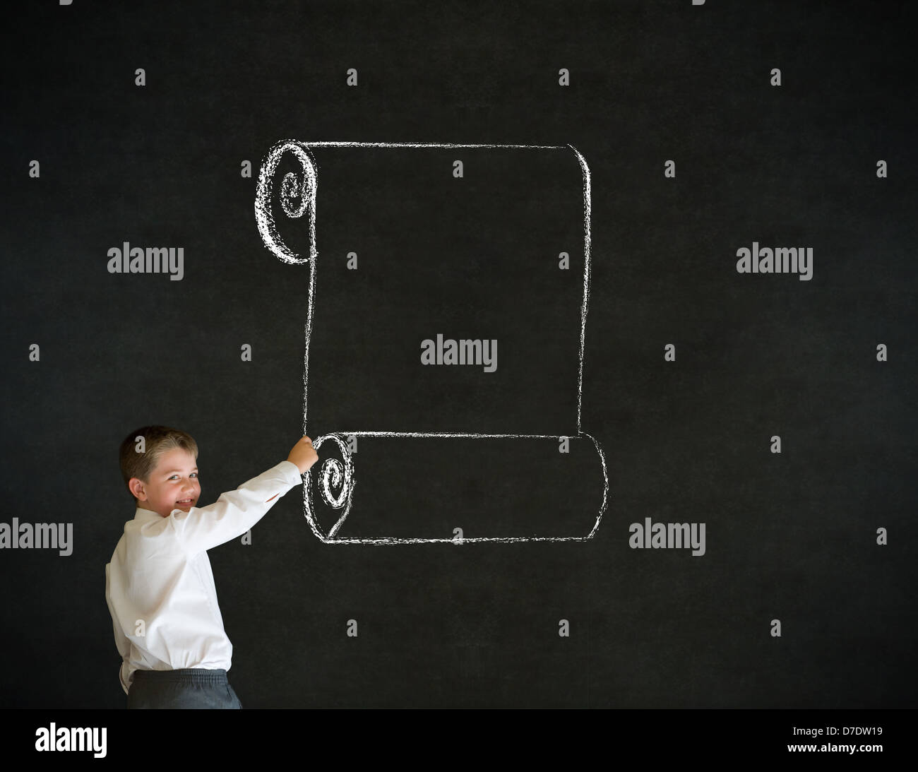 Writing boy dressed up as business man with chalk menu scroll checklist ...