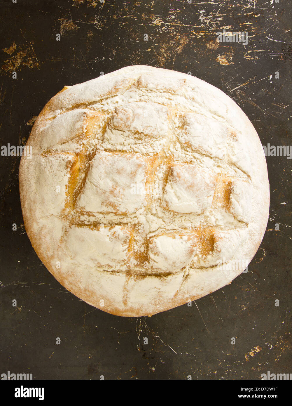 A whole English boule bread on distressed baking sheet Stock Photo - Alamy