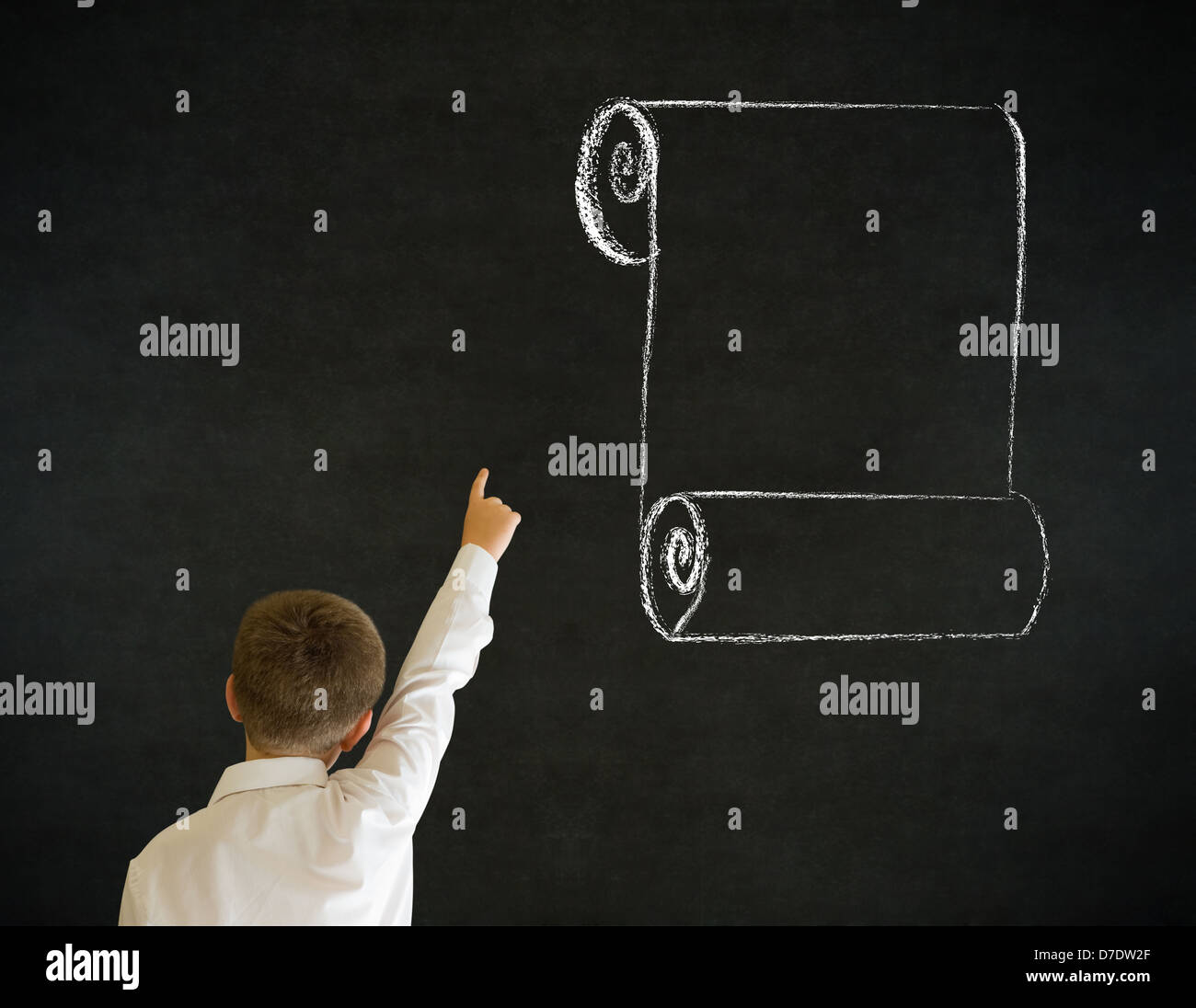 Hand up answer boy dressed up as business man with chalk menu scroll ...
