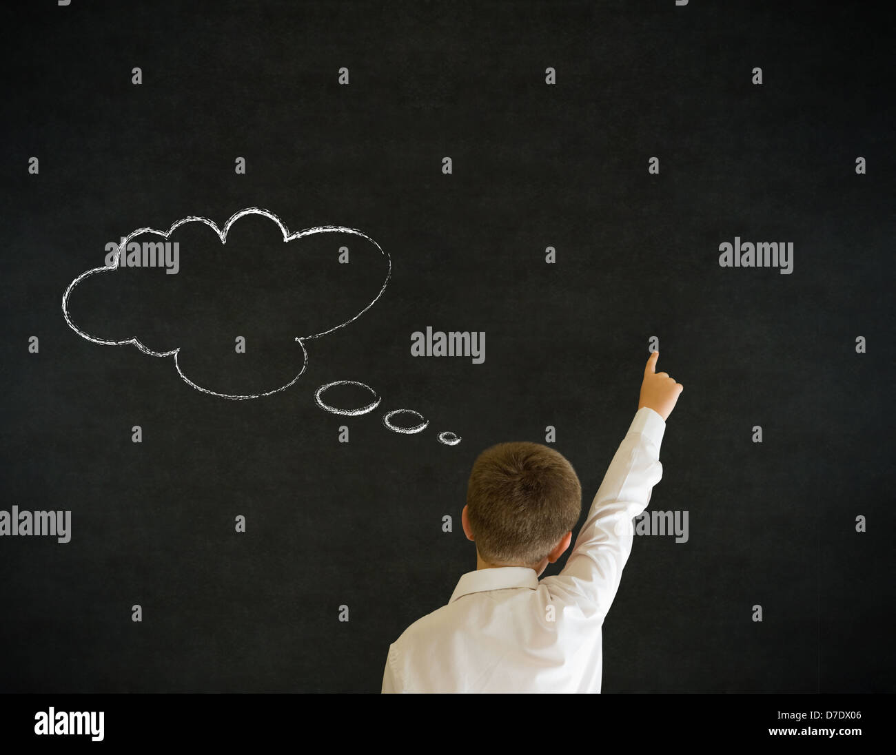 Hand up answer boy dressed up as business man with thought thinking ...