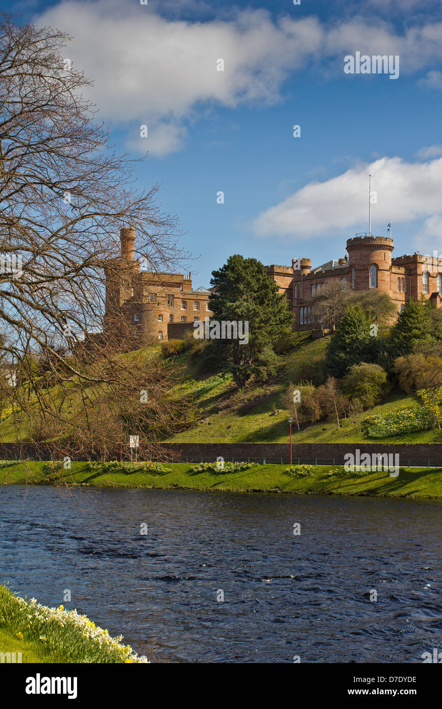 INVERNESS CASTLE AND THE RIVER NESS WITH DAFFODILS ON AN EARLY SPRING ...