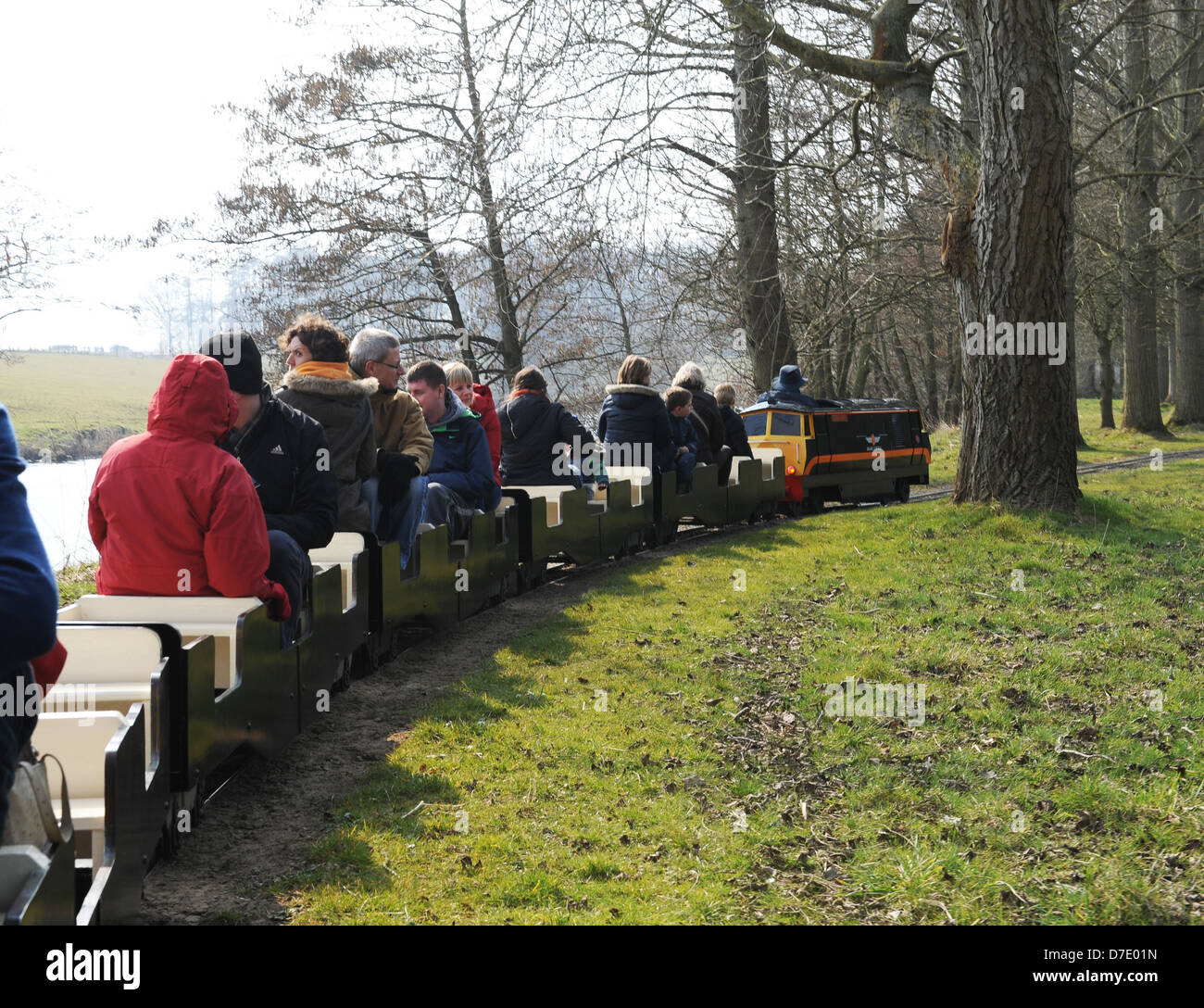 Visitors riding the miniature railway in Newby Hall, ripon, north ...
