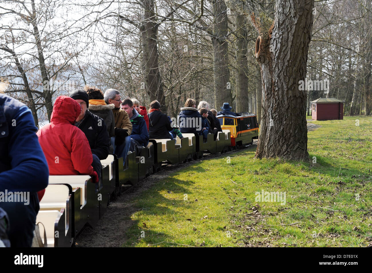 Visitors riding the miniature railway in Newby Hall, ripon, north ...