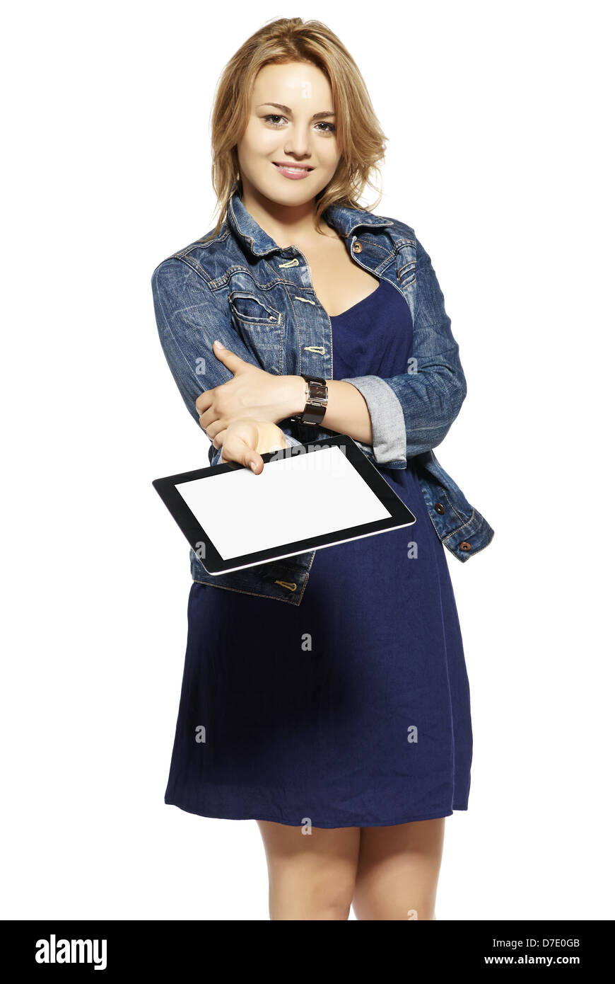 Portrait of young woman showing touchpad tablet Stock Photo - Alamy