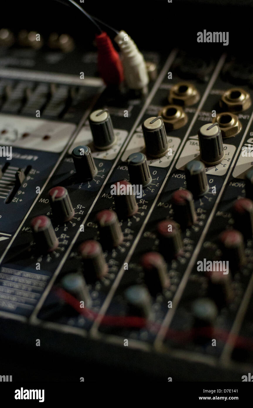 detail of soundboard with plugged cables Stock Photo - Alamy