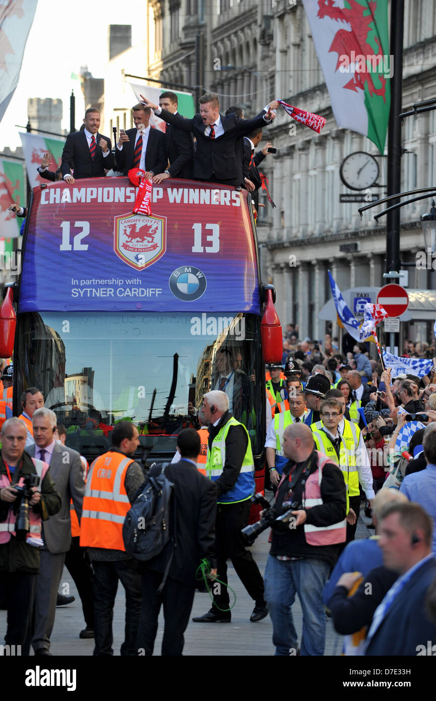 Cardiff, UK. 5th May 2013. Cardiff City FC players show off their ...