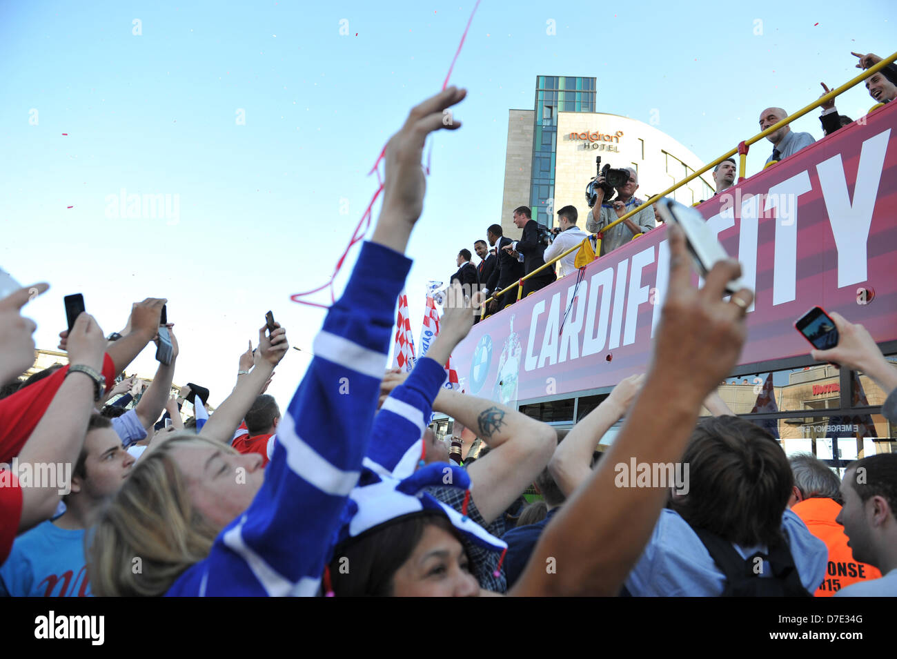 Cardiff, UK. 5th May 2013. Cardiff City FC players show off their ...