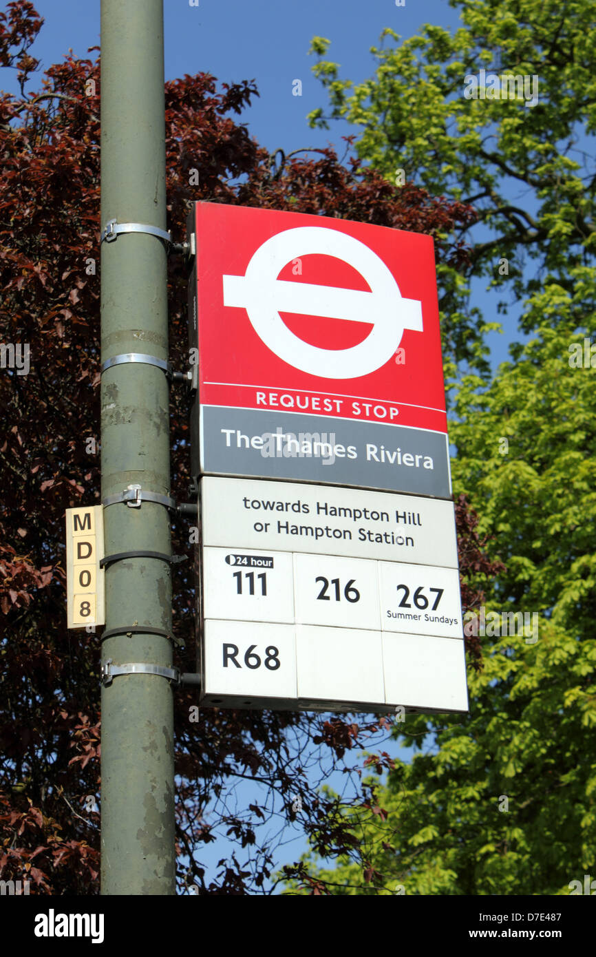 Request bus stop at The Thames Riviera, Hampton, Middlesex, England, UK ...