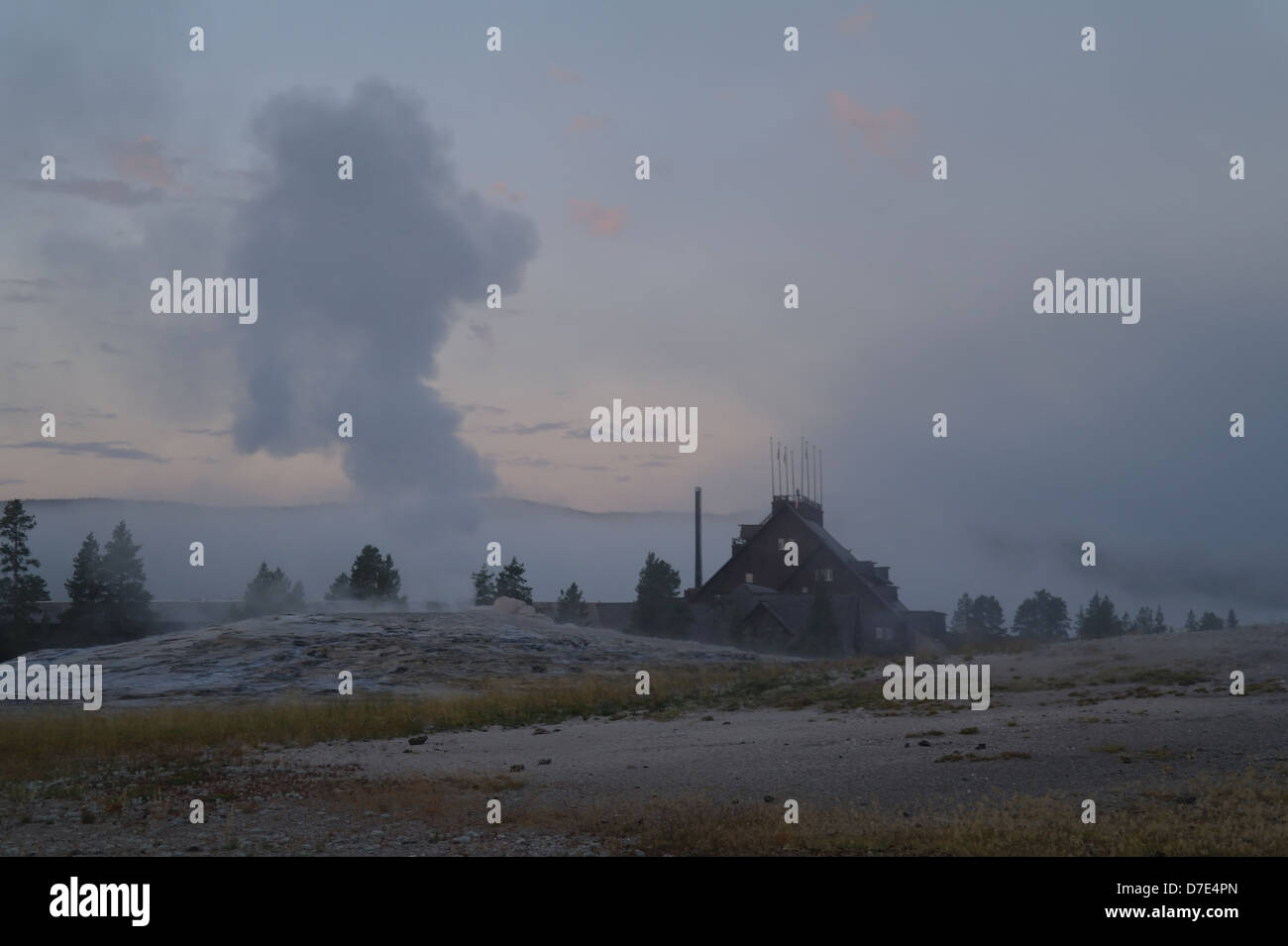 Dawn view, to Snow Lodge Hotel enshrouded geothermal fog, steam rising ...