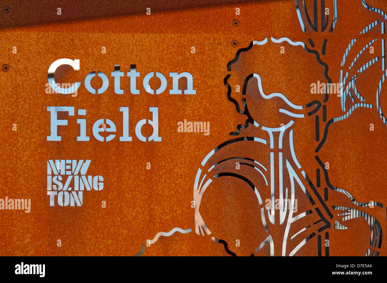 Cor-Ten steel sign at the entrance to the Cotton Field Park and marina ...