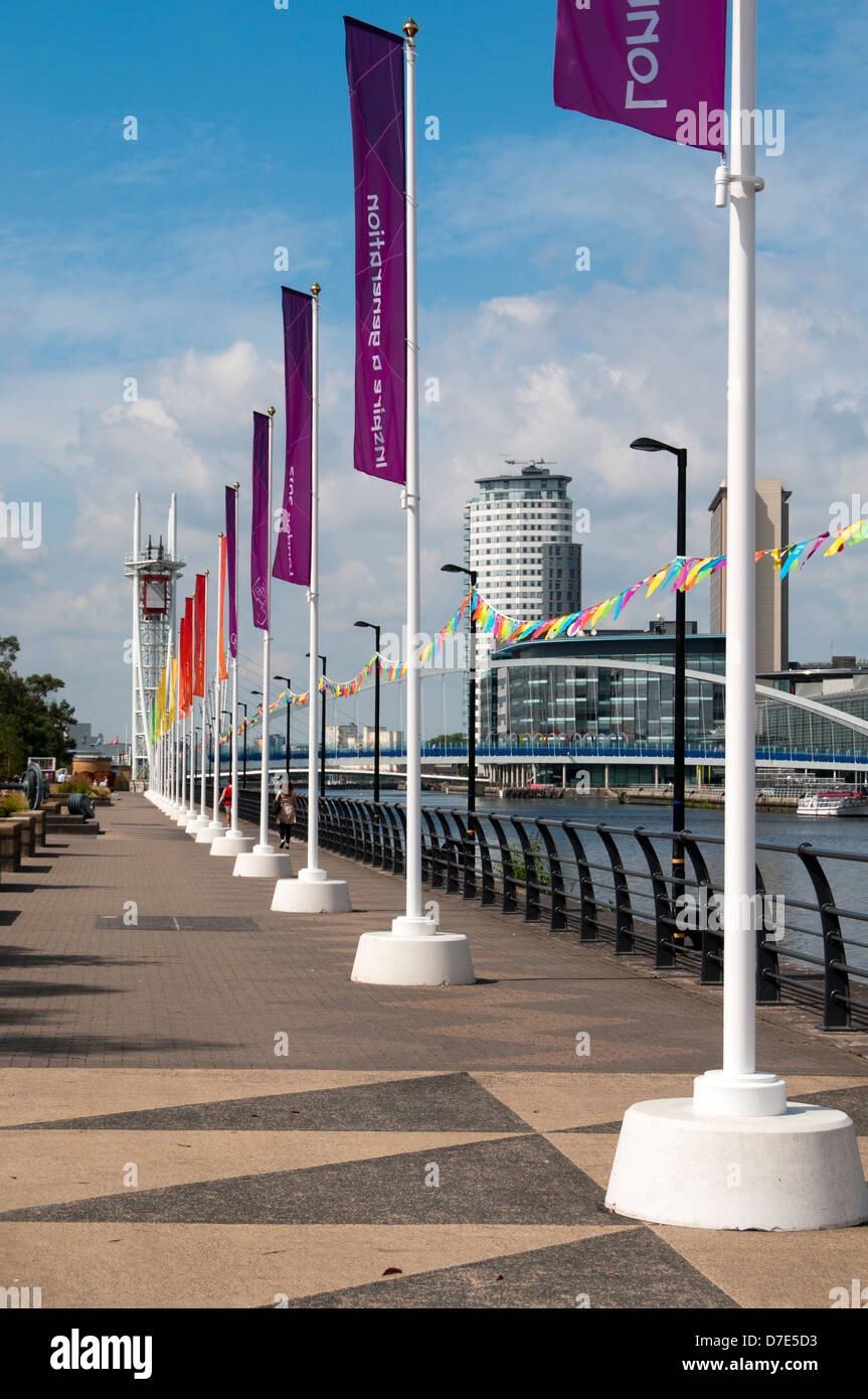 Trafford Wharfside decorated with flagpoles during the 2012 Olympic ...