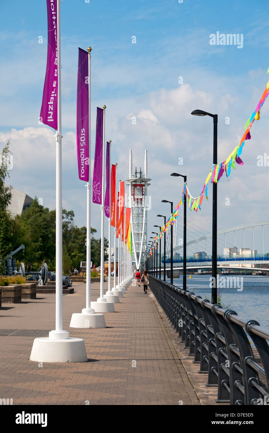 Trafford Wharfside decorated with flagpoles during the 2012 Olympic ...