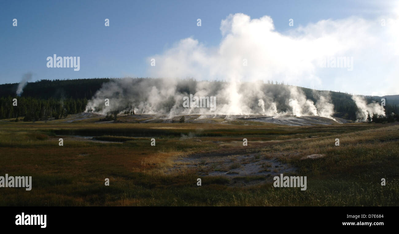 Blue sky morning view, from Continental Divide Trail, geyser steam ...