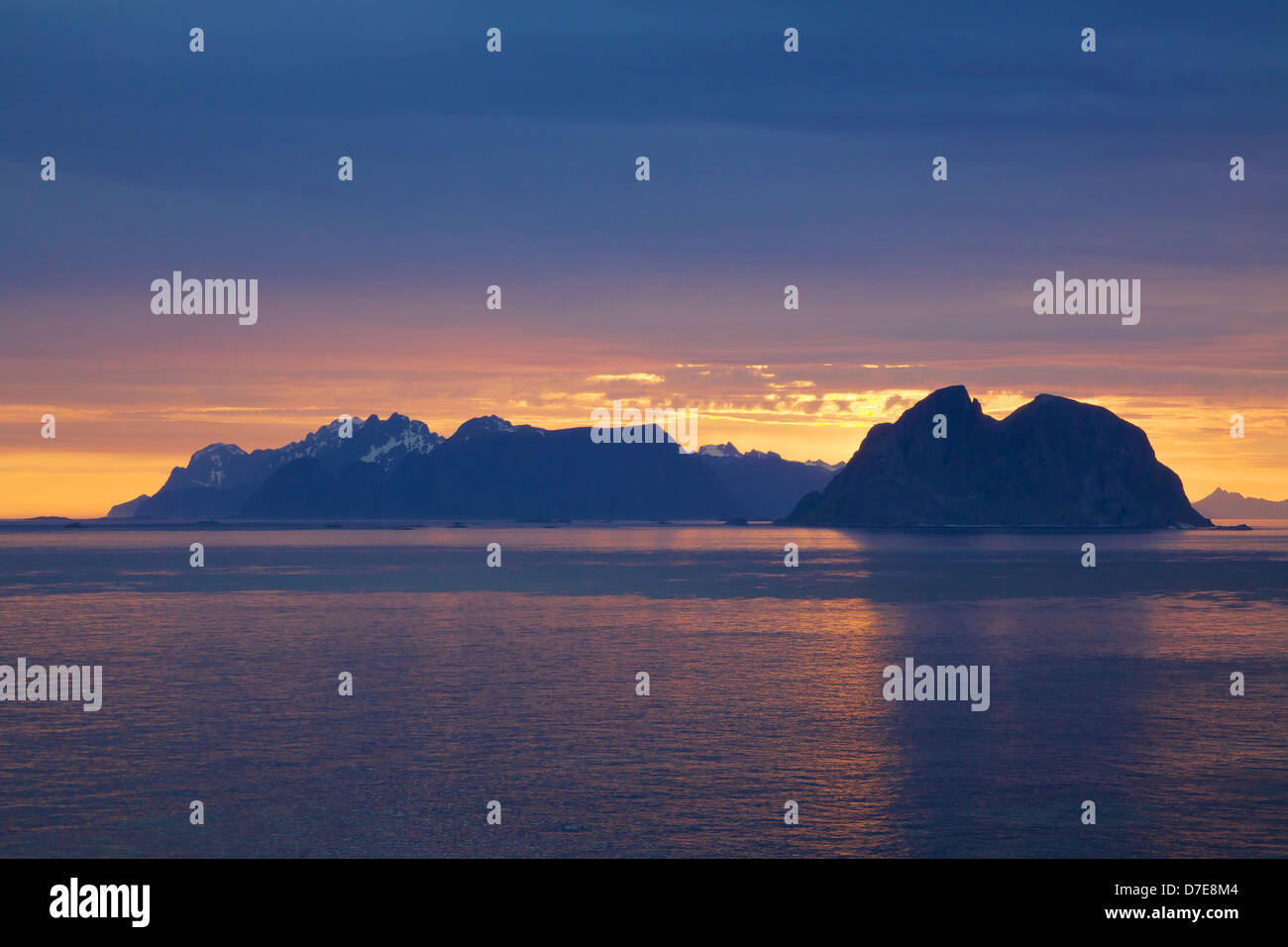Scenic Lofoten islands in Norway lit by midnight sun during polar day ...