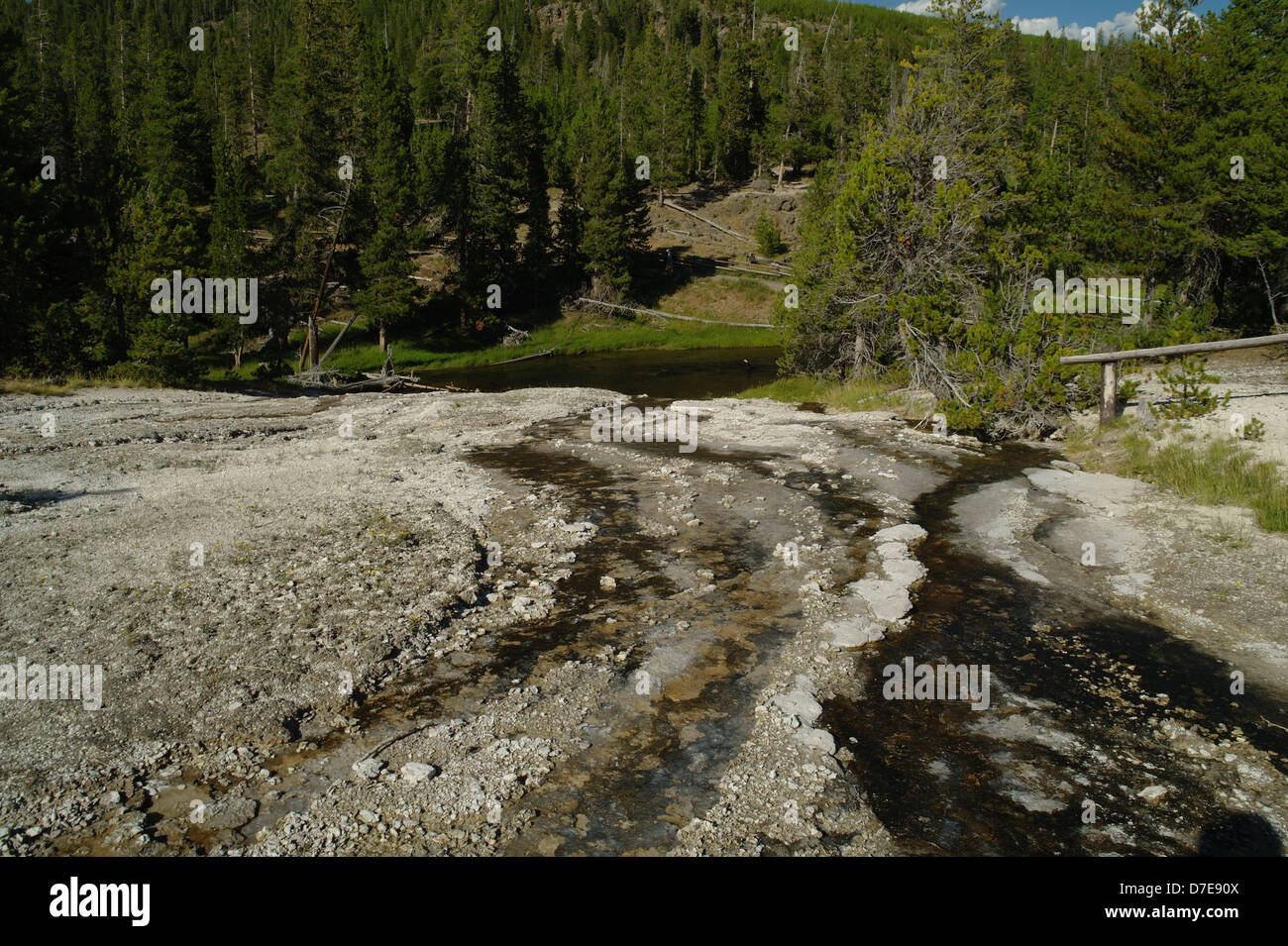Hot water overflow streams from Old Faithful Geyser descending grey ...