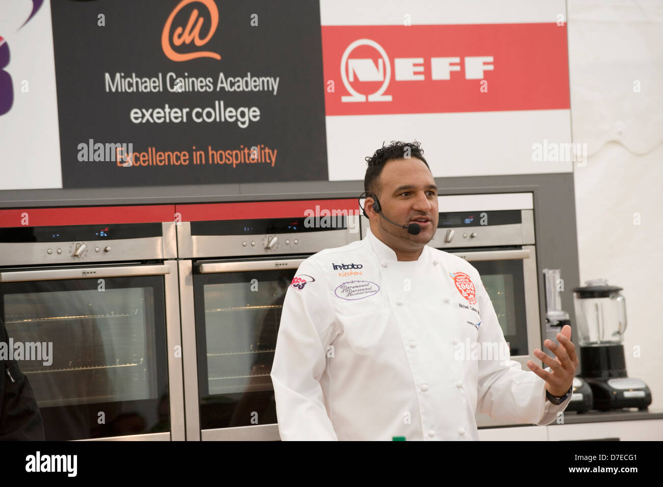 Celebrity chef Michael Caines MBE speaking on stage at Exeter Festival ...