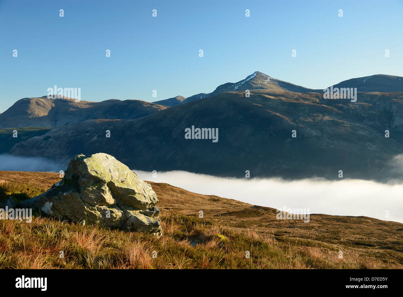 Early morning mist in Glen Orchy with the Munro summit of Ben Lui ...