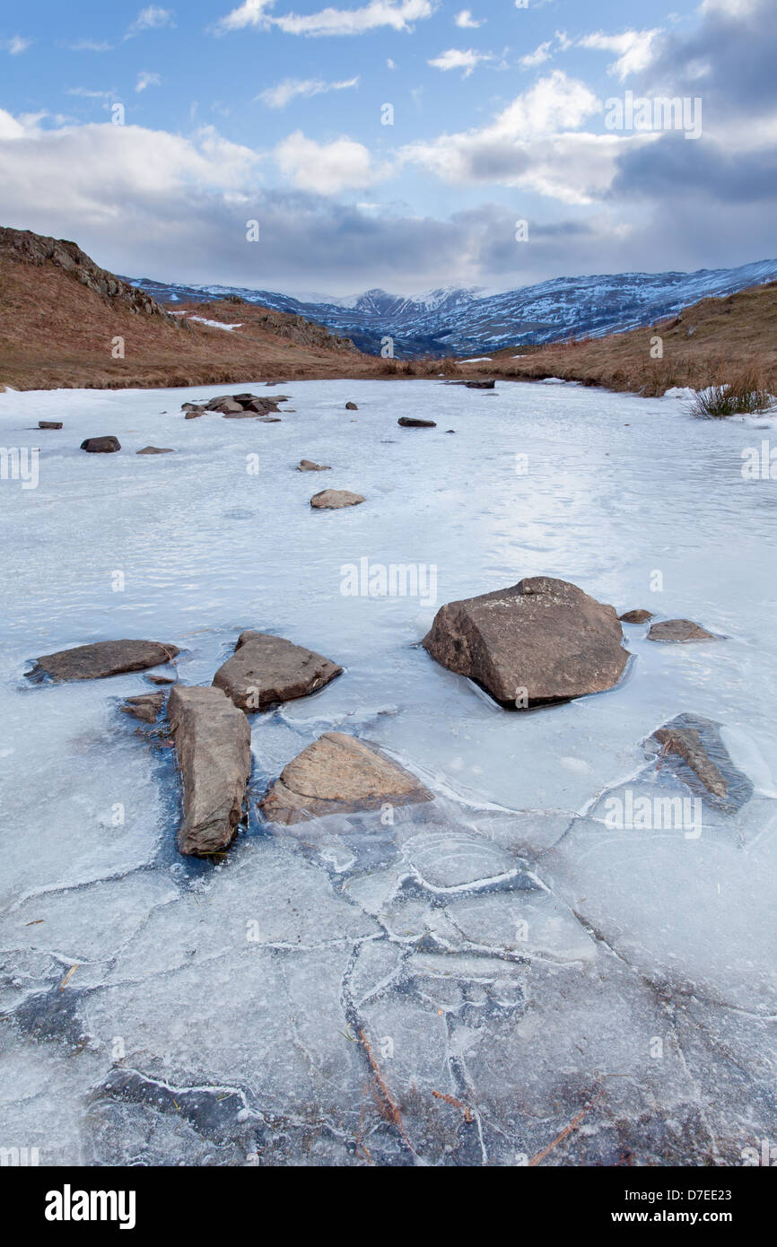 Todd Crag small frozen tarn with Ambleside Fells beyond, English Lake ...