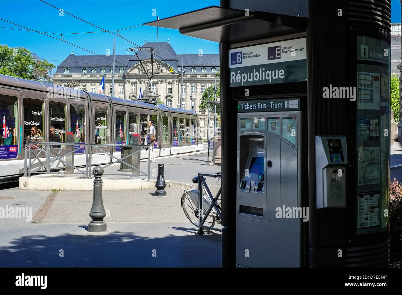 Strasbourg, tram ticket vending machine at tram station, tram carriages ...