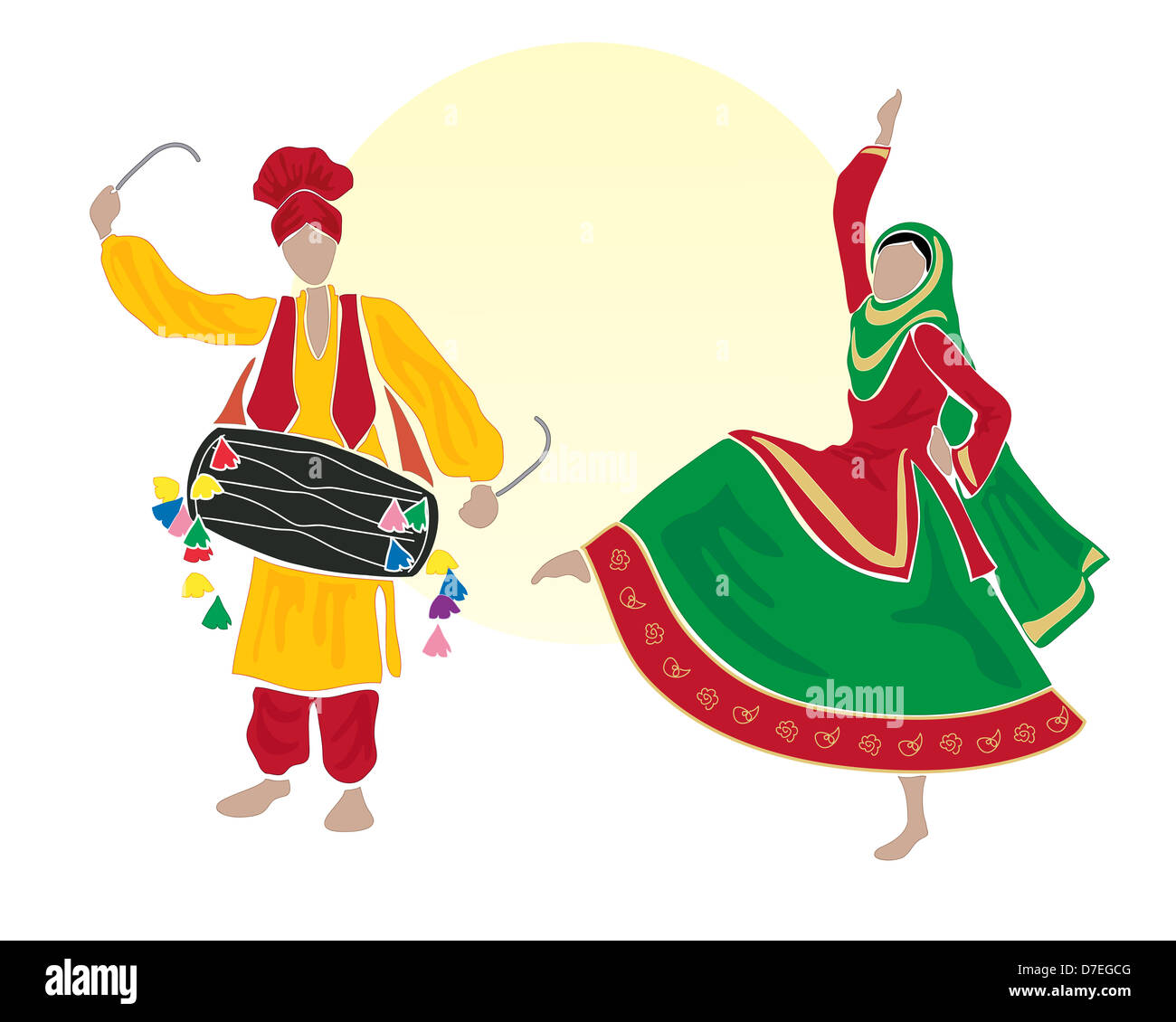 an illustration of male and female bhangra dancers dressed in ...