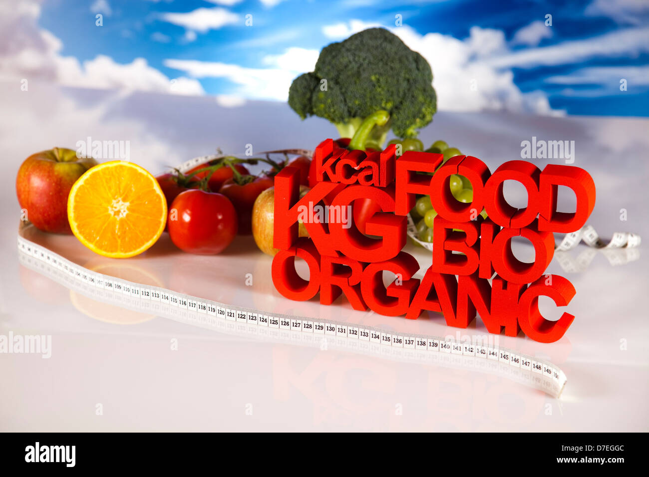 Bio organic food on blue sky backgroud Stock Photo - Alamy