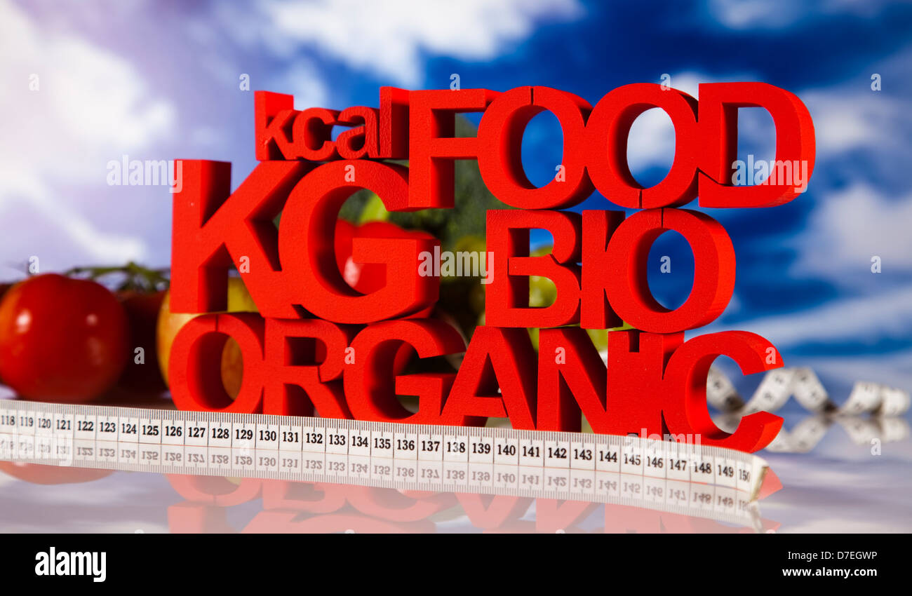 Bio organic food on blue sky backgroud Stock Photo - Alamy