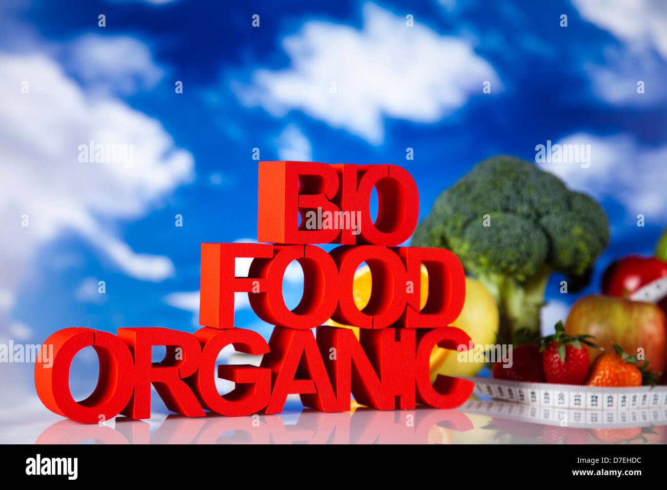 Bio organic food on blue sky backgroud Stock Photo - Alamy