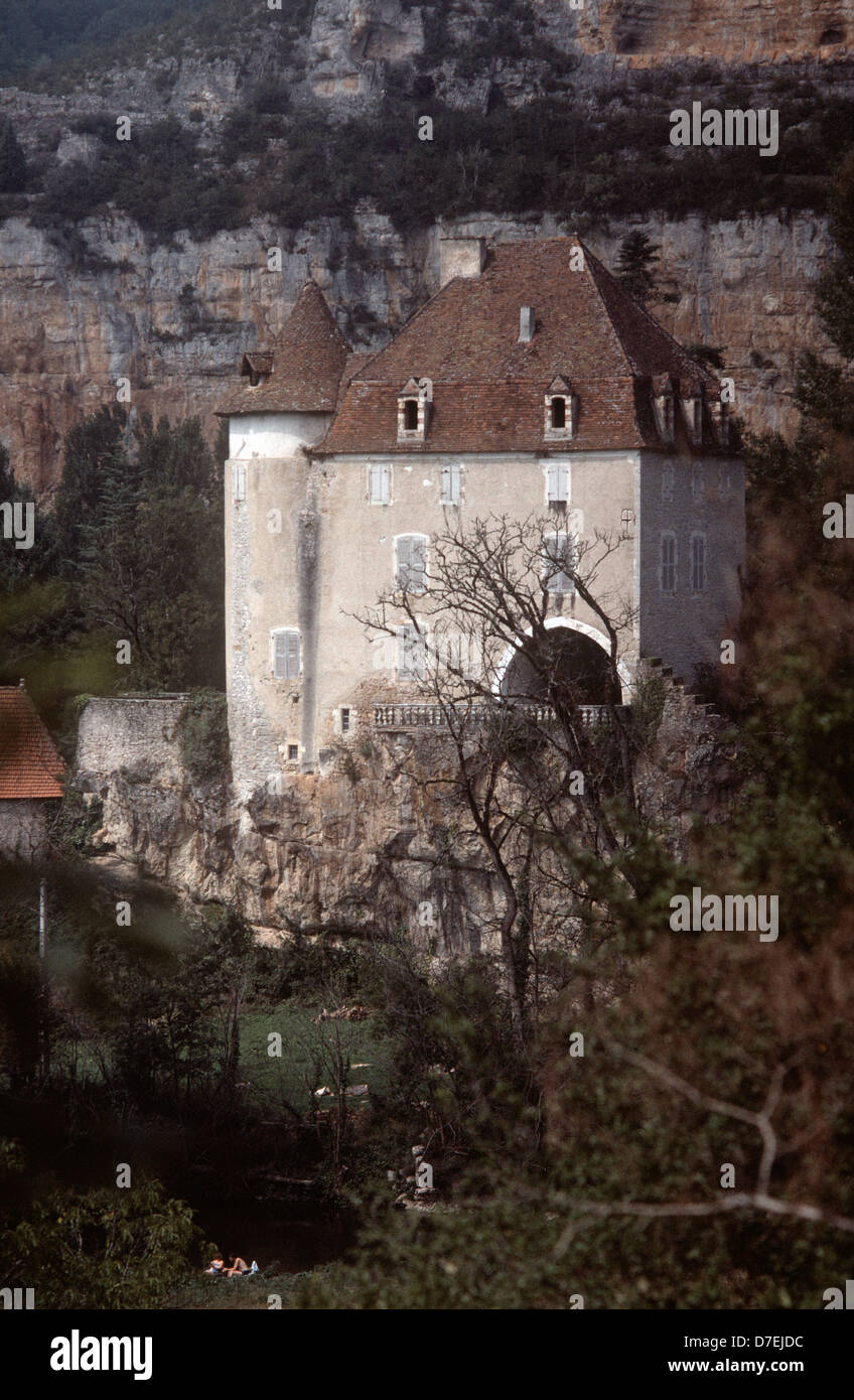 Small chateau over river Cele, Cabrerets, Languedoc, France Stock Photo ...