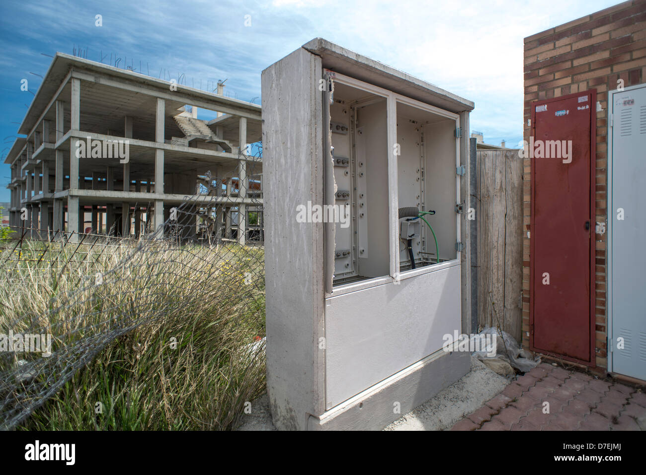 Unfinished building at main street of La Muela small village, Saragossa ...