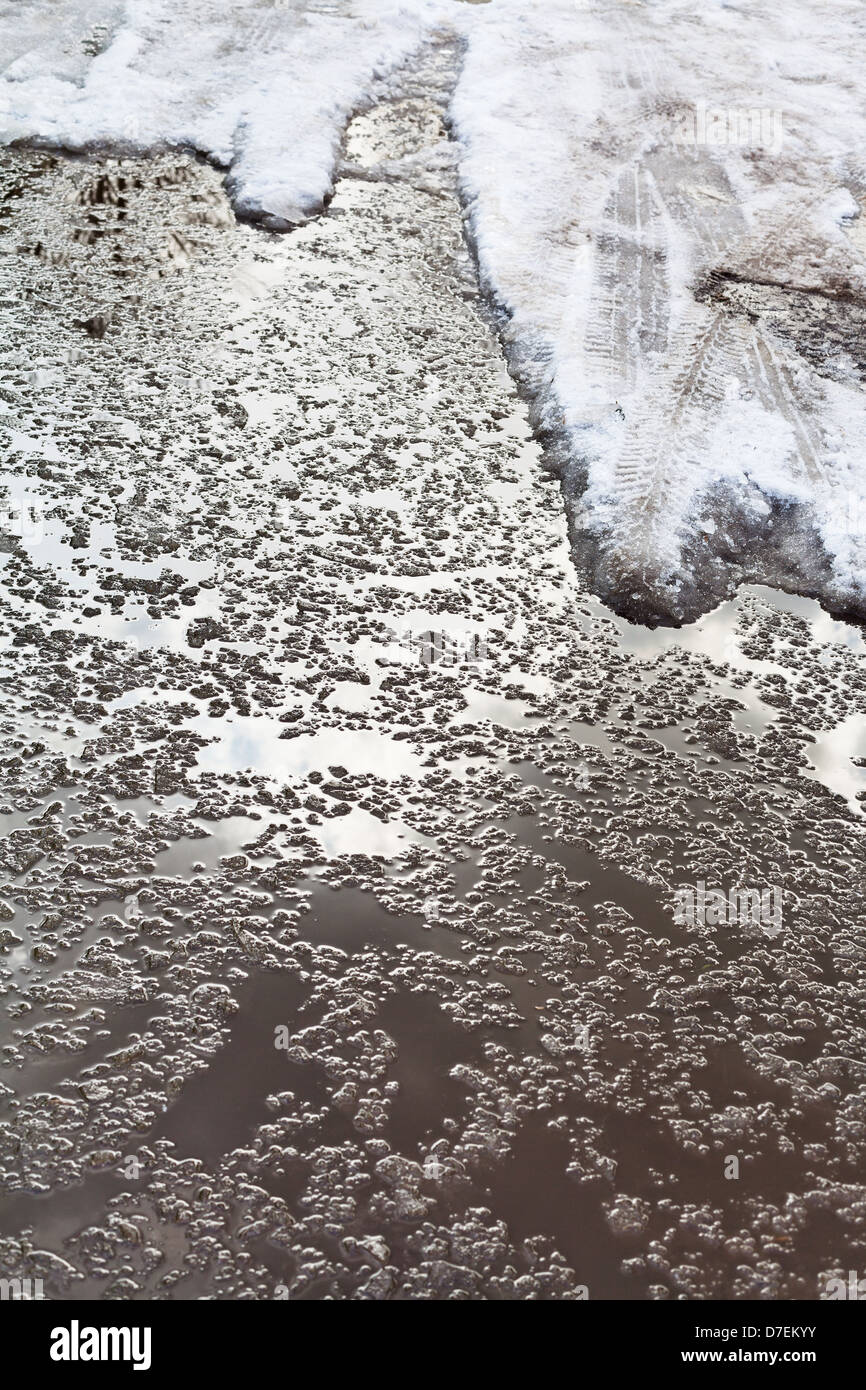 puddle from urban melting snow in spring Stock Photo - Alamy